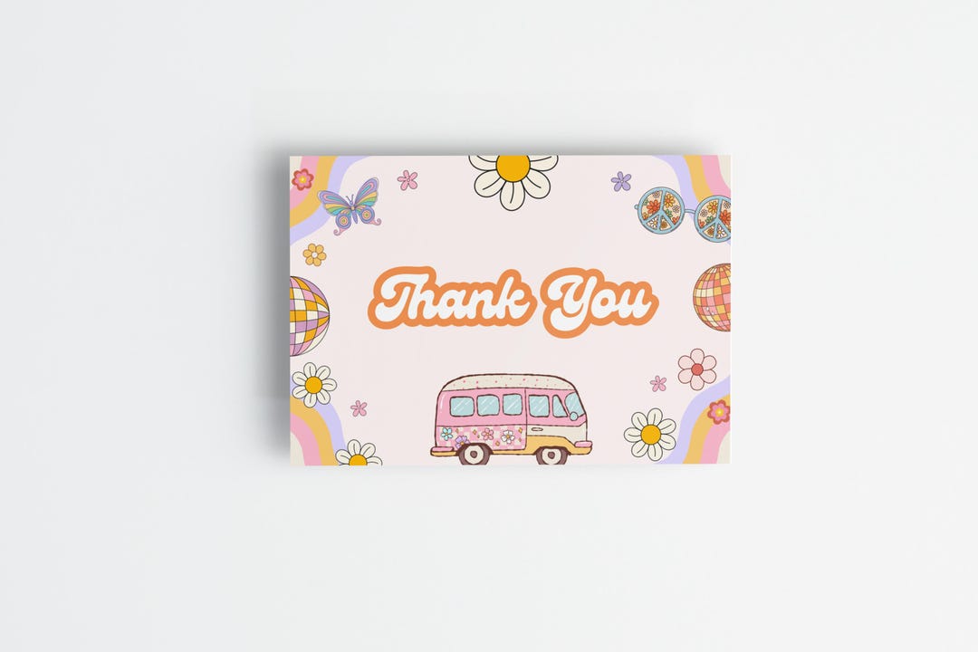 Groovy 70s Birthday Thank You Card: Retro Hippie Vibes (editable ...