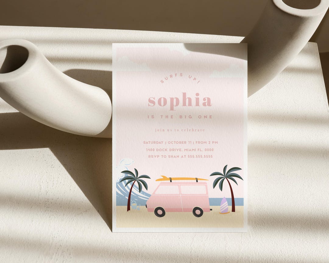 Pink Retro Surf Birthday Invitation, Girl Birthday Invite, Editable ...