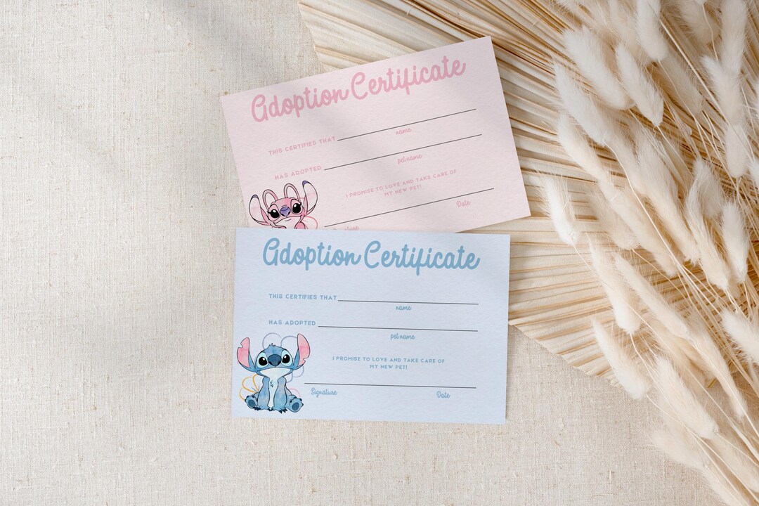Watercolor Stitch Adoption Certificate: Editable Birthday Party Decor ...