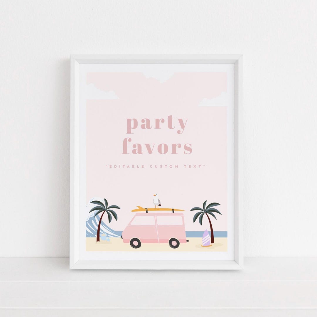 Editable Retro Surf Birthday Table Sign, Pink Modern Printable Template ...