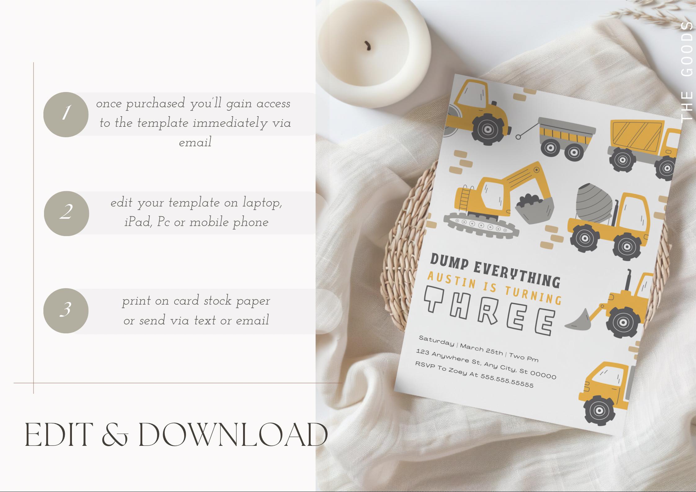 Truck Vehicle Birthday Invitation | Construction Theme Party | Diggin ...