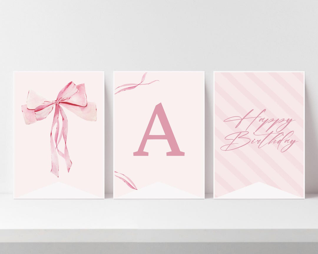 Watercolor Pink Bow Birthday Banner Sign: Party Decorations (digital ...