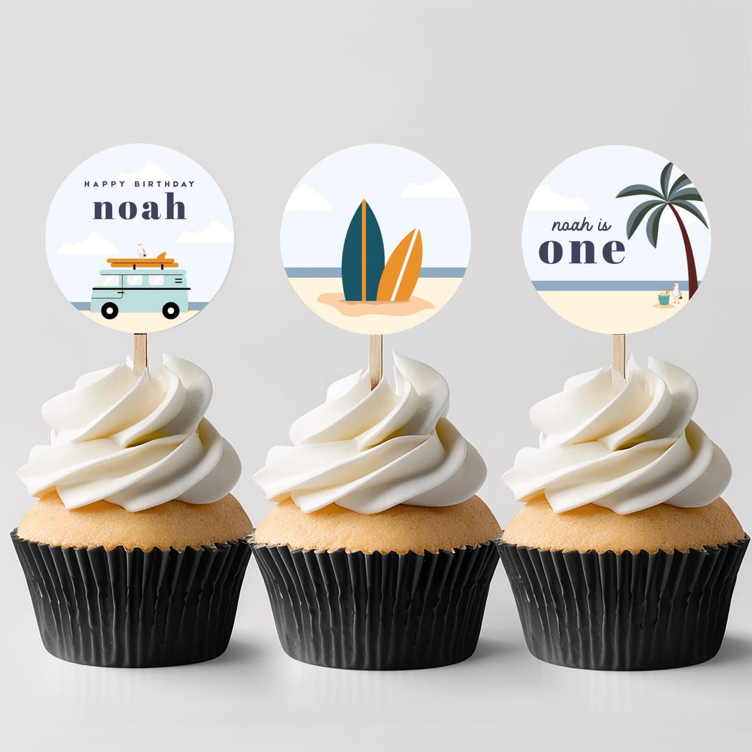 Modern Surf Birthday Cupcake Toppers (digital Download) - Etsy