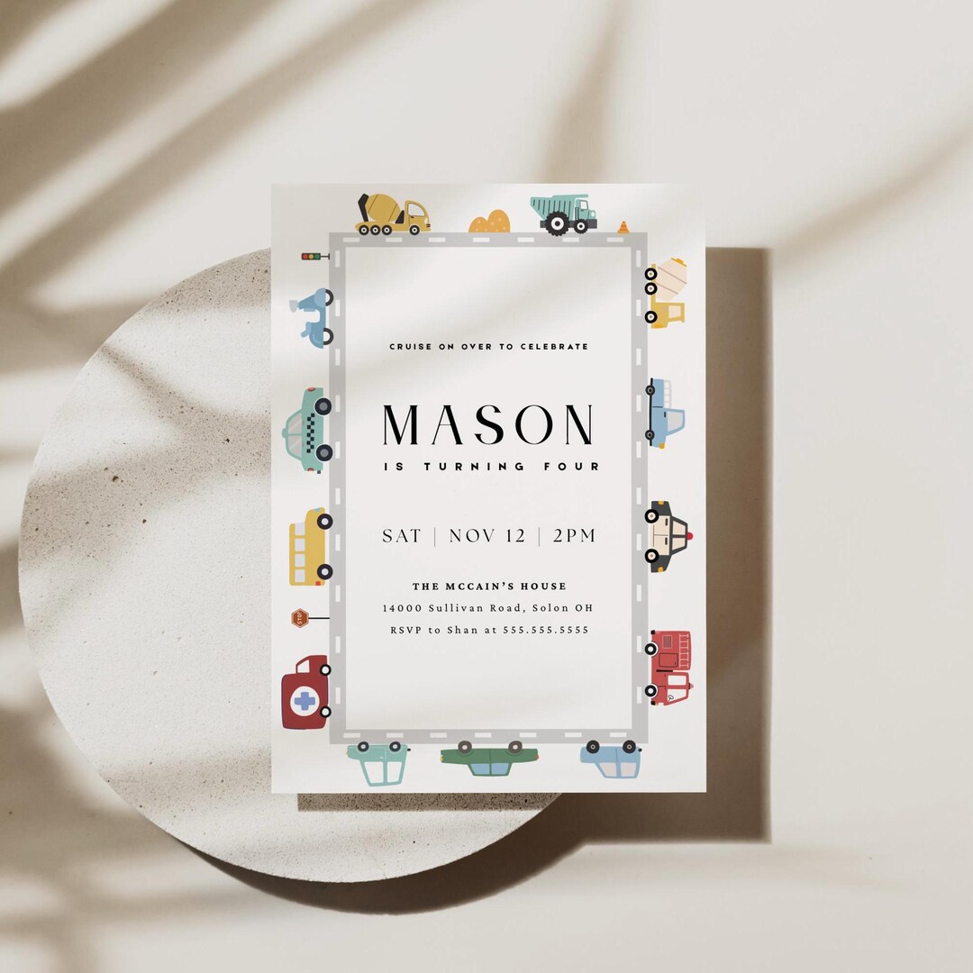 Vehicle Transportation Birthday Invitation, Editable Cars Party Invite ...