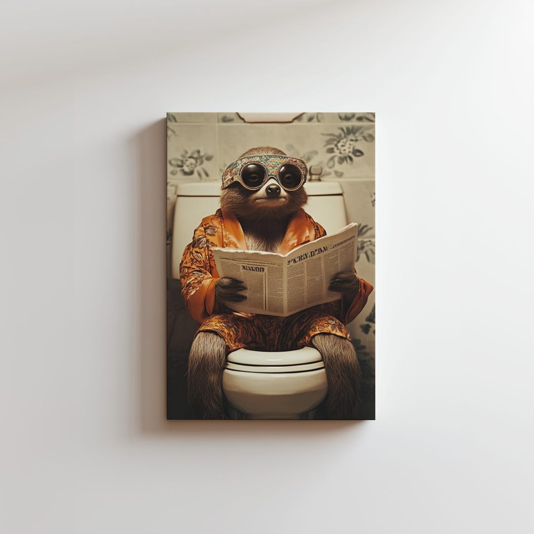 Sloth Sitting on Toilet Reading Newspaper - Funny Bathroom Art ...