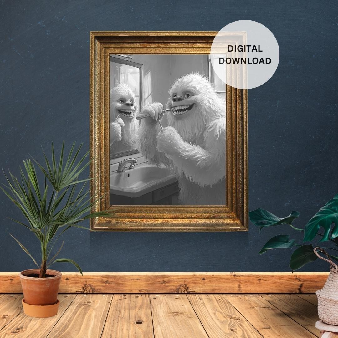Yeti Smiling While Brushing Teeth in the Mirror Funny Brushing Art AI ...