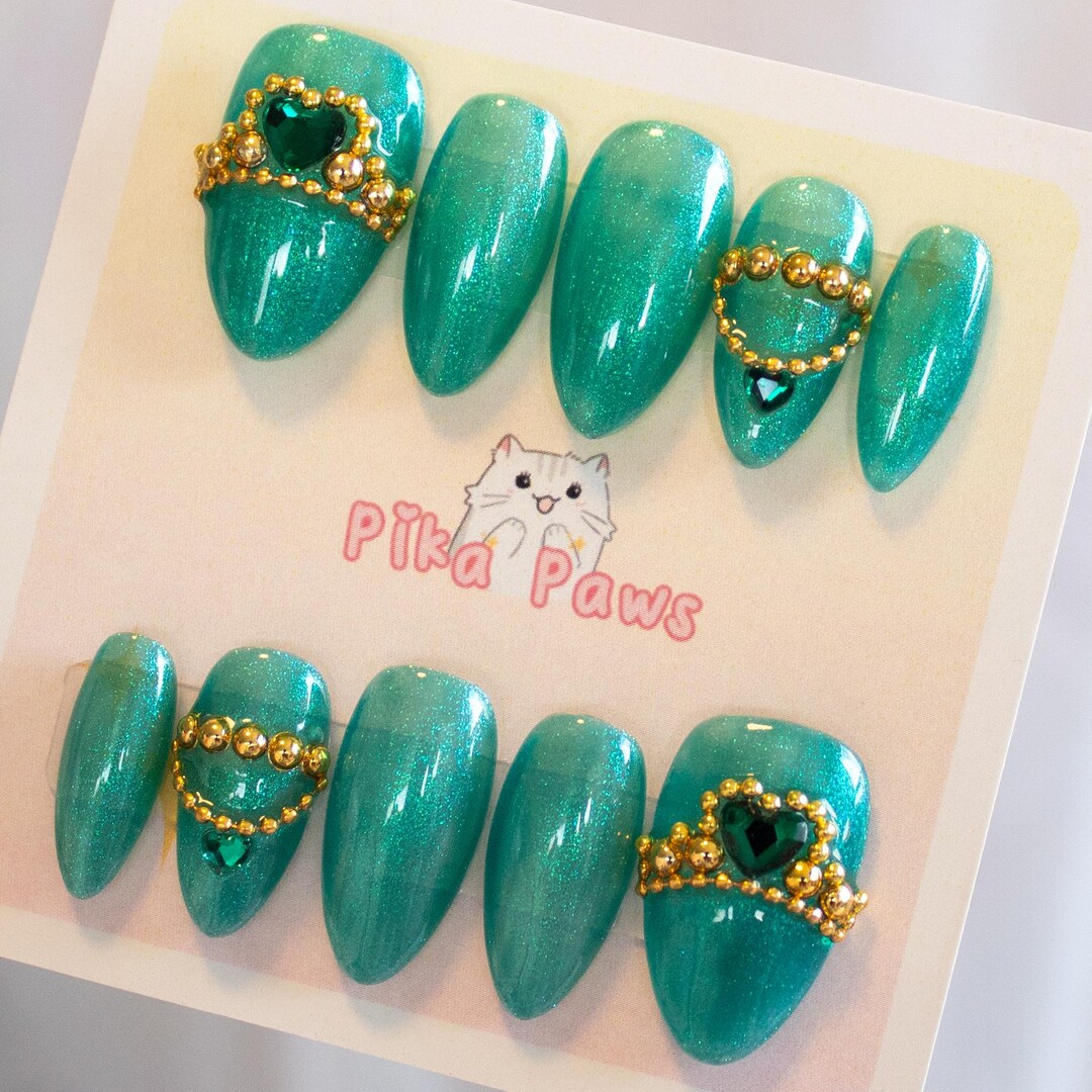 PREMADE Emerald Press on Nails XL Almond Medium | Jelly Green Glitter ...