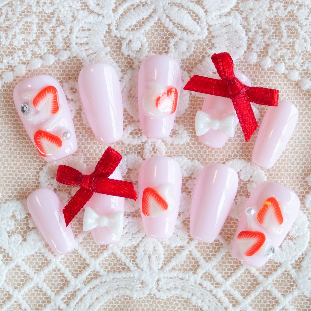 Strawberry Darling Press on Nails | Pastel Pink Dessert Themed Fruit ...
