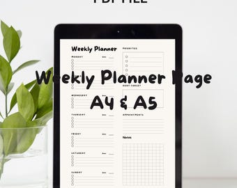 Simple Weekly Planner, Easy One 1 Page Design, Digital Download ...