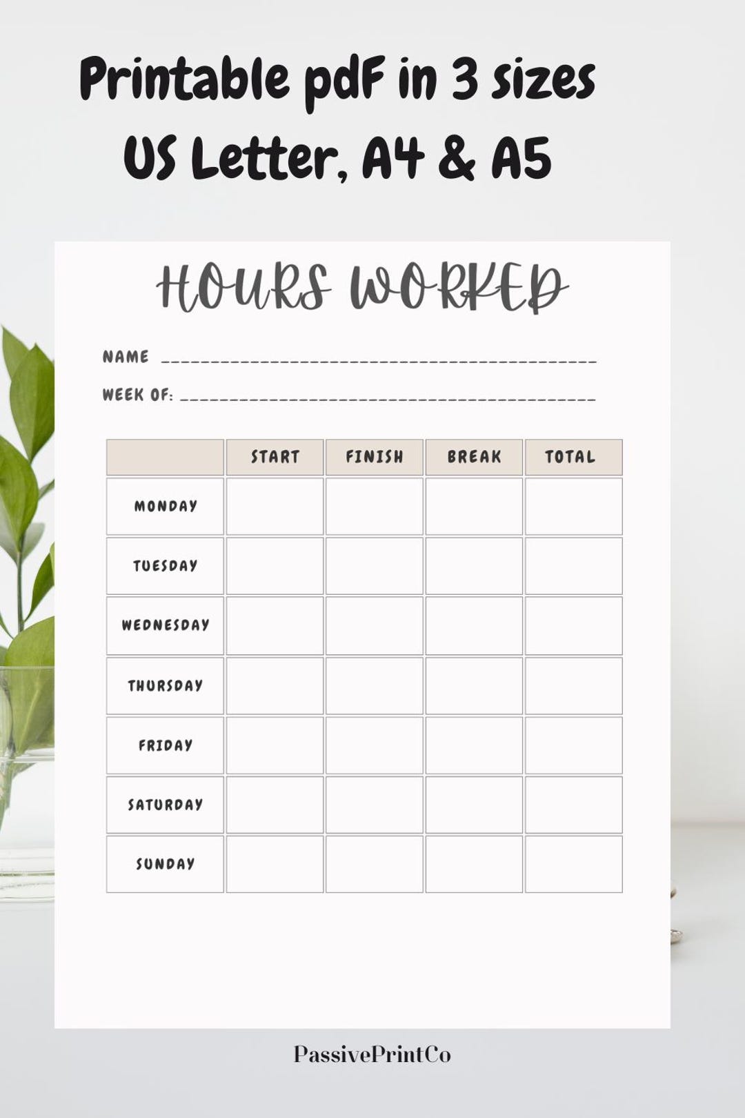 Printable Hours Worked Tracker: Instant PDF Download for Employee Time ...