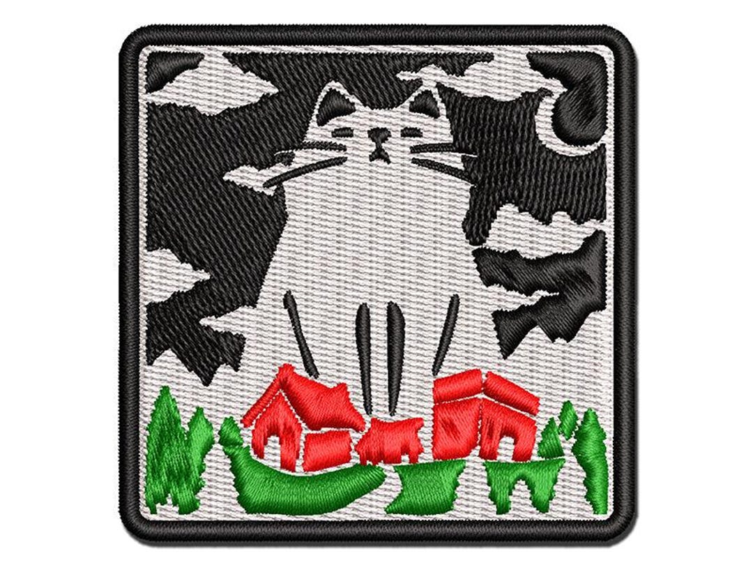 Giant Yule Cat Looming Over Village Christmas Multi-color Embroidered ...