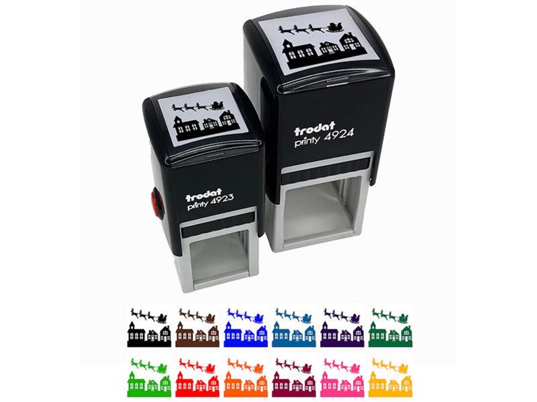 Santa in Sleigh Over Town Christmas Eve Self-inking Rubber Stamp Ink ...
