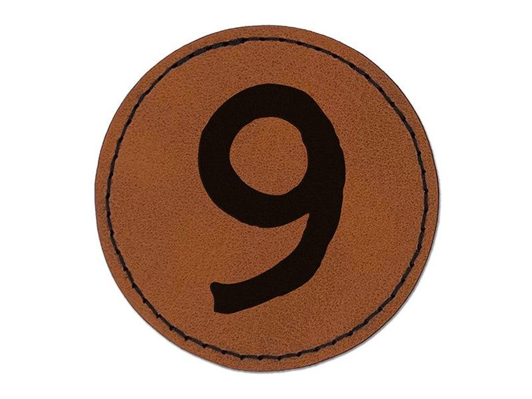 Number 9 Nine Cute Typewriter Font Round Iron-on Engraved Faux Leather ...