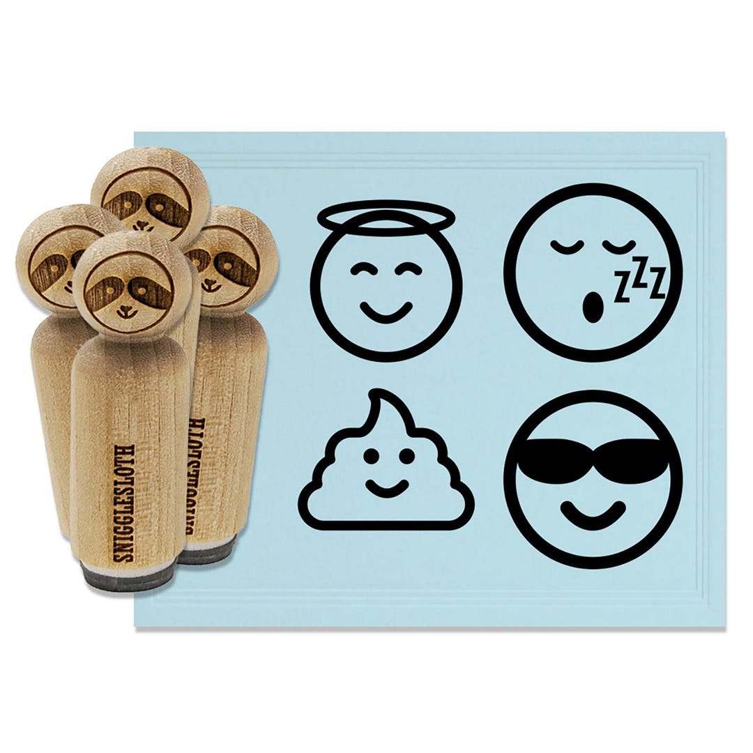 Emoticon Faces Angel Smile Poop Sleeping Sunglasses Happy Rubber Stamp ...