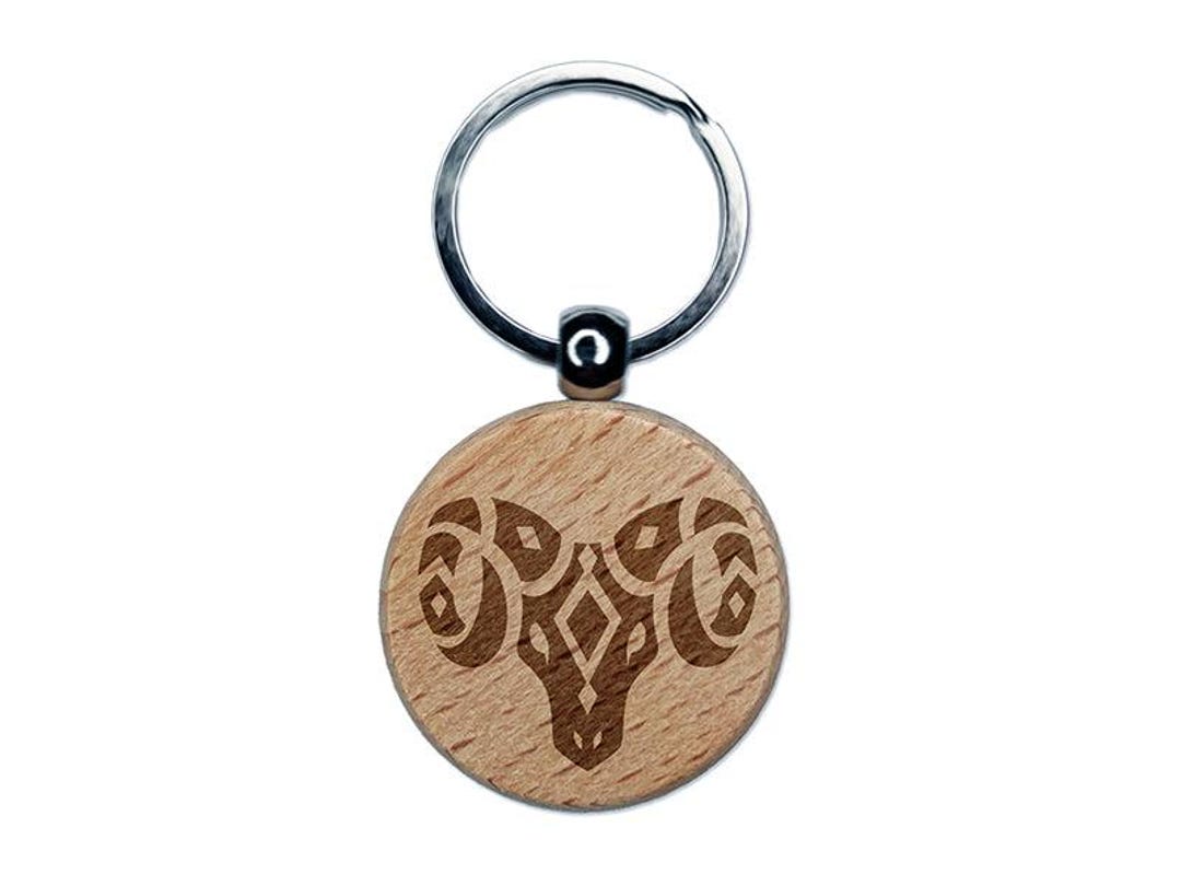 Southwestern Style Tribal Goat Ram Horns Engraved Wood Round Keychain ...