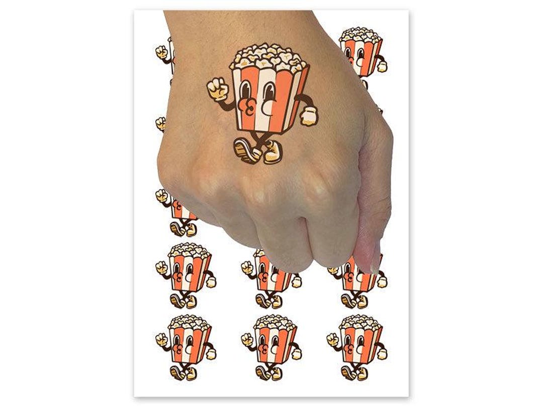 Retro Vintage Popcorn Cartoon Movie Buddy Temporary Tattoo Water ...