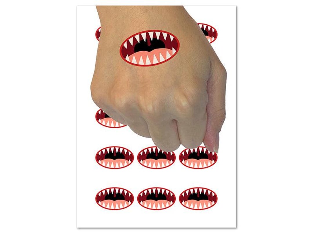 Open Mouth Sharp Teeth Temporary Tattoo Water Resistant Fake Body Art ...