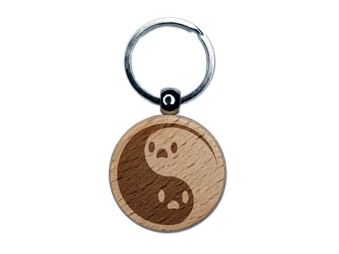 Yin Yang Ghosts Spooky and Cute Engraved Wood Round Keychain Tag Charm ...
