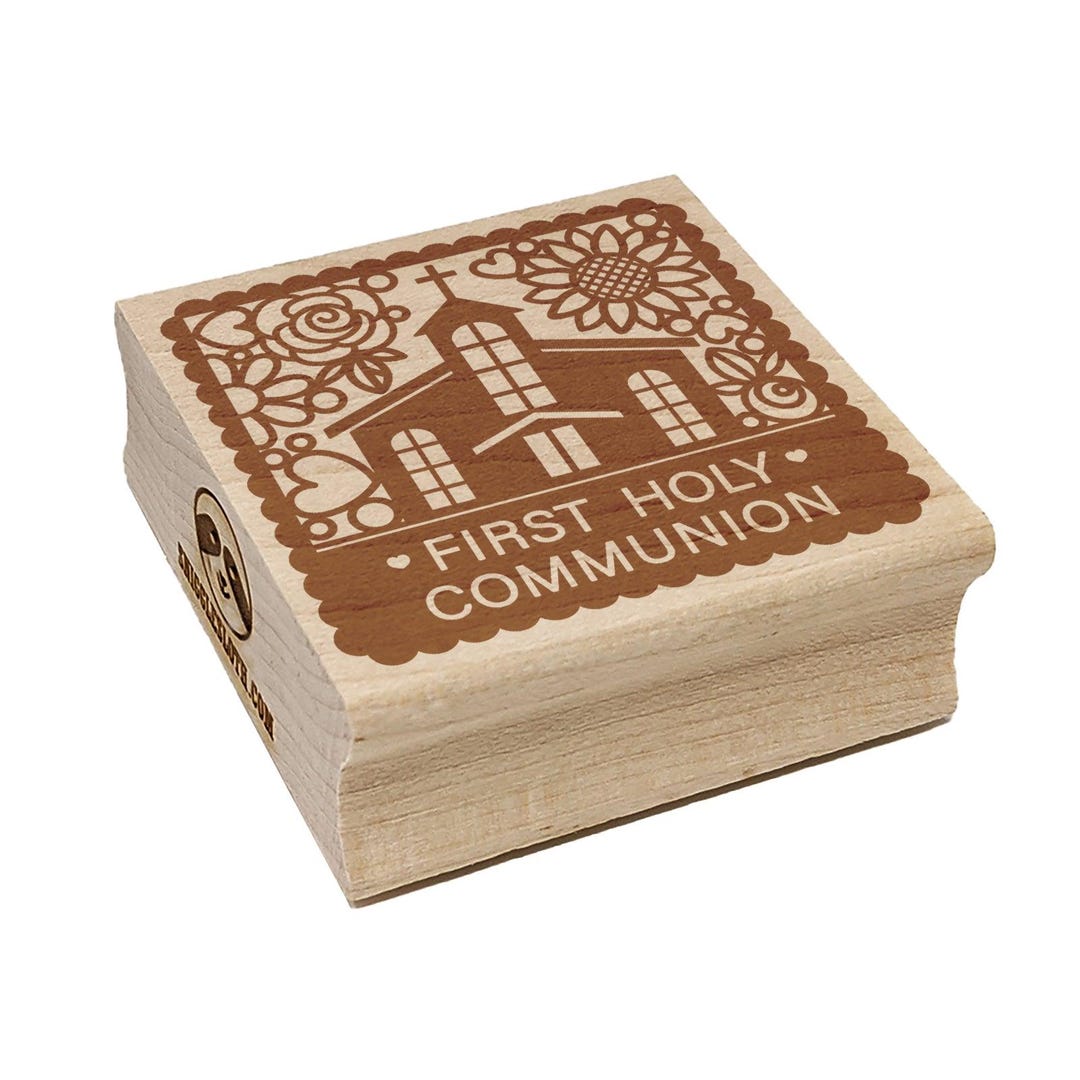First Holy Communion Cute Chapel With Floral Scalloped Border Square ...