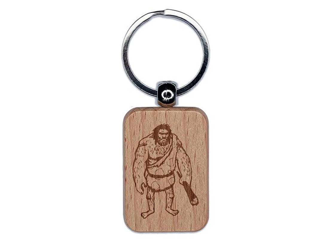 Hairy Caveman Neanderthal With Club Engraved Wood Rectangle Keychain ...