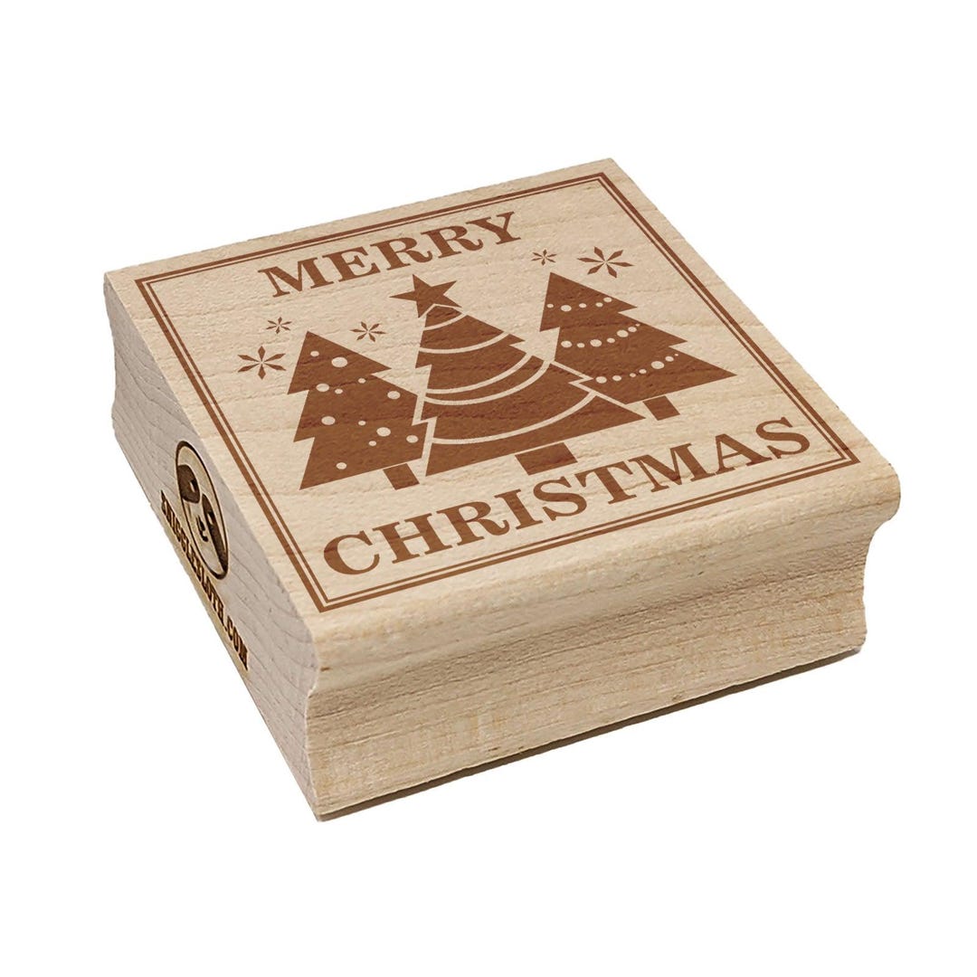 Merry Christmas Holiday Evergreen Trees Square Rubber Stamp for ...