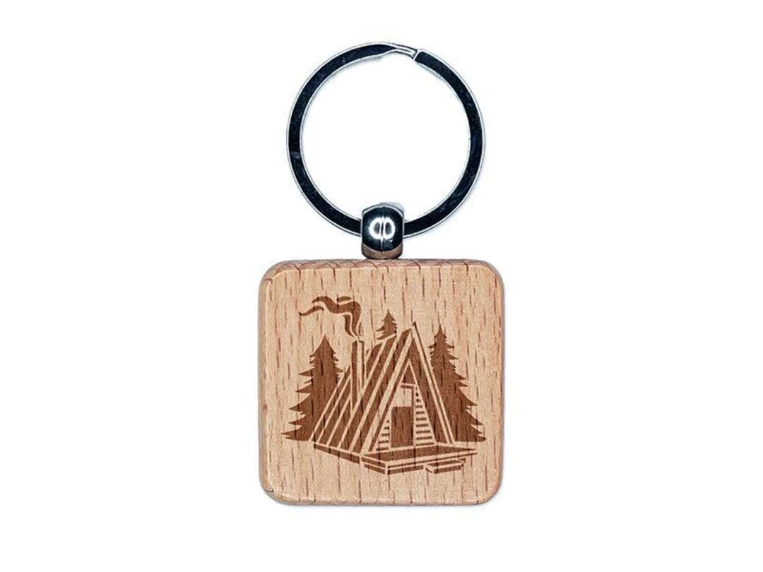 A-frame Log Cabin House in Woods Engraved Wood Square Keychain Tag ...