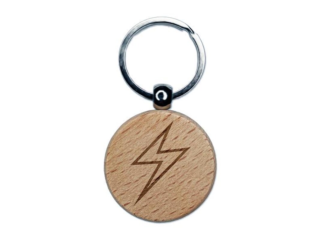 Lightning Bolt Thunderbolt Outline Engraved Wood Round Keychain Tag ...