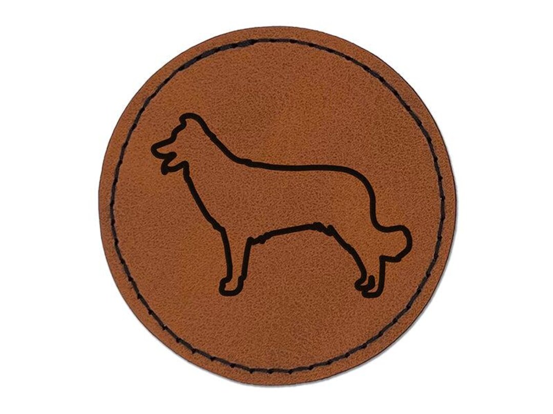 Border Collie Dog Outline Round Iron-on Engraved Faux Leather Patch ...
