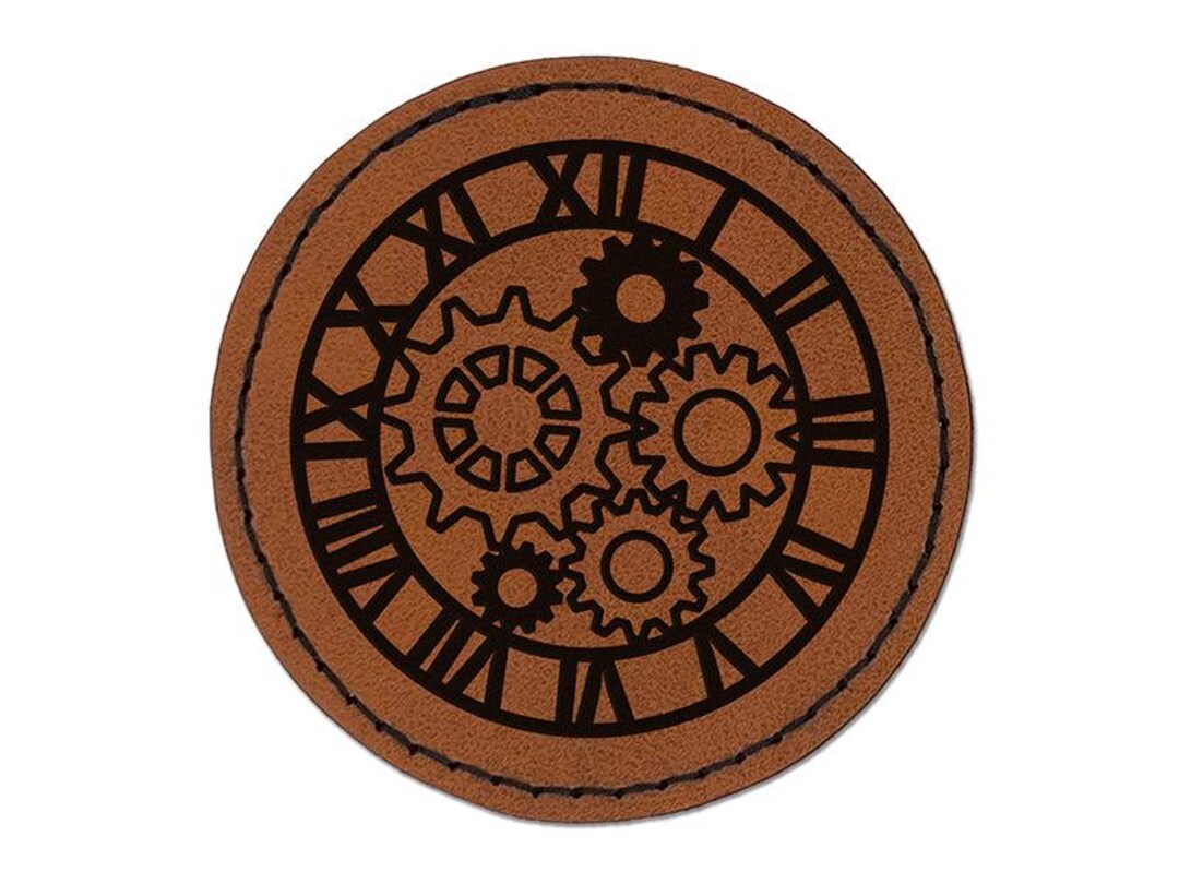 Clock Face With Gears Round Iron-on Engraved Faux Leather Patch ...