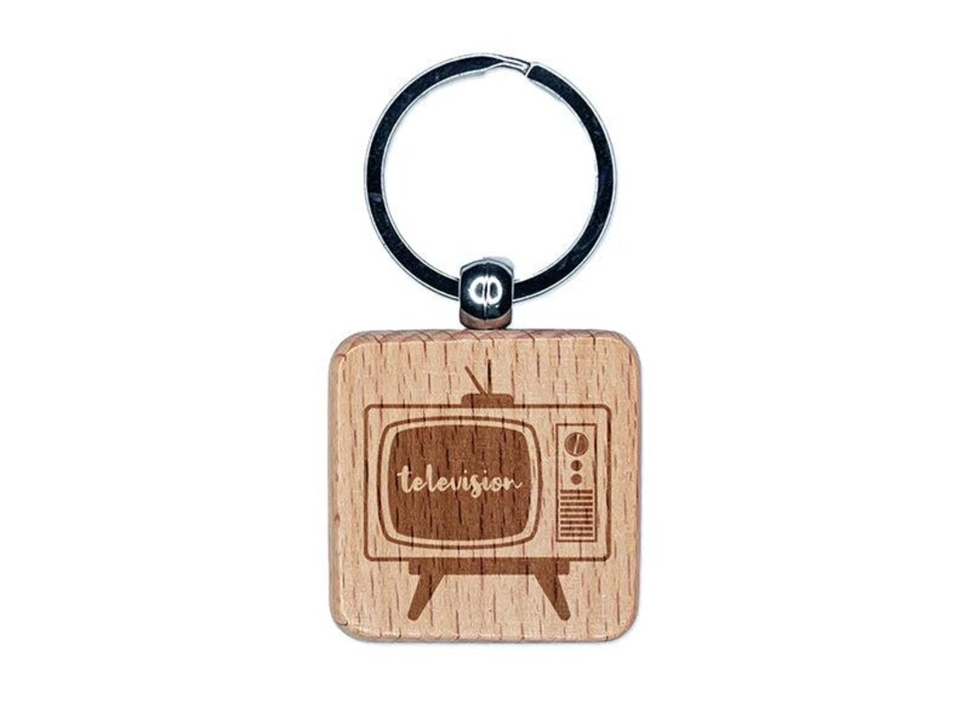 Vintage Retro Television TV Set Engraved Wood Square Keychain Tag Charm ...
