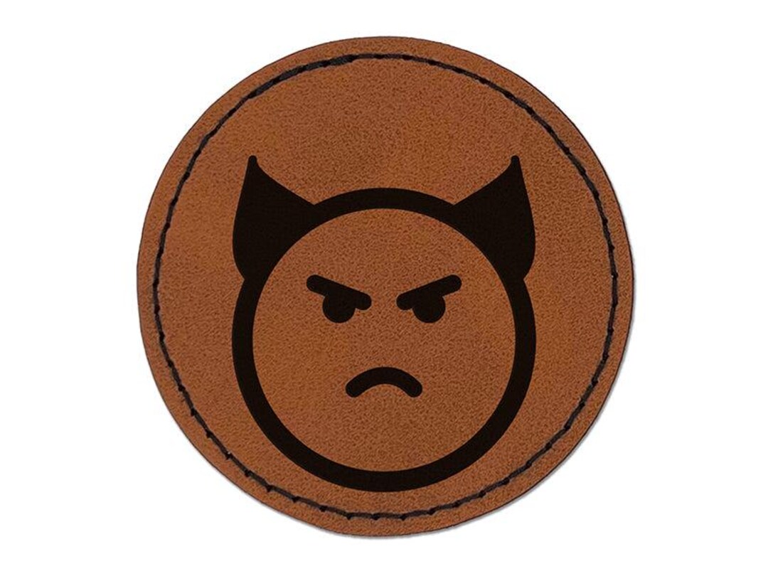 Angry Devil Face Emoticon Round Iron-on Engraved Faux Leather Patch ...