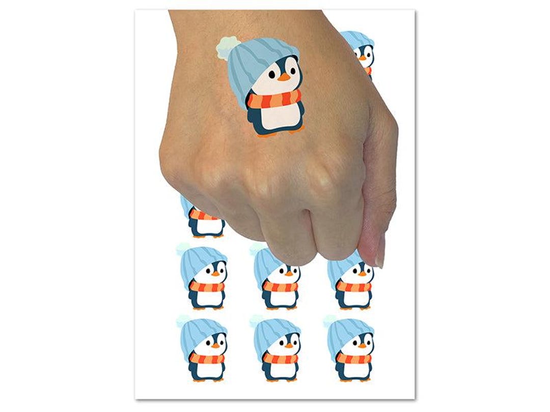 Cute Penguin With Big Hat Beanie Temporary Tattoo Water Resistant Fake ...