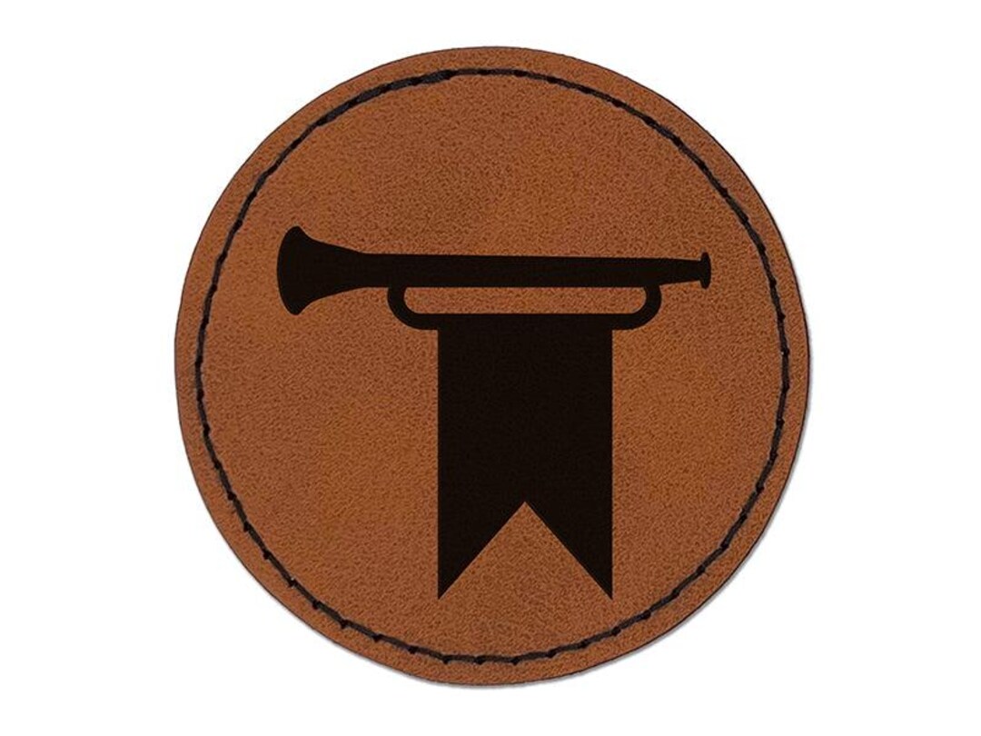Trumpet and Banner Royal Medieval Round Iron-on Engraved Faux Leather ...