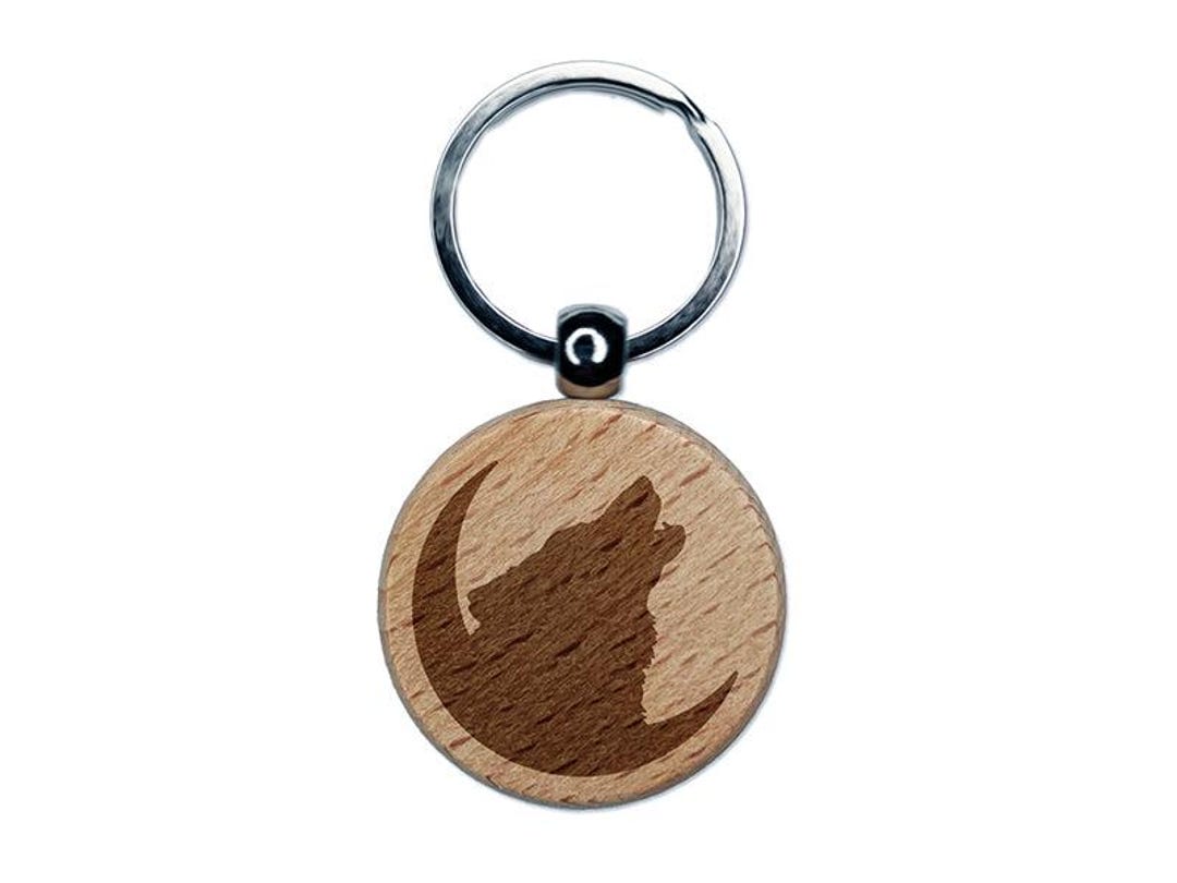Wolf Howling Crescent Moon Engraved Wood Round Keychain Tag Charm - Etsy