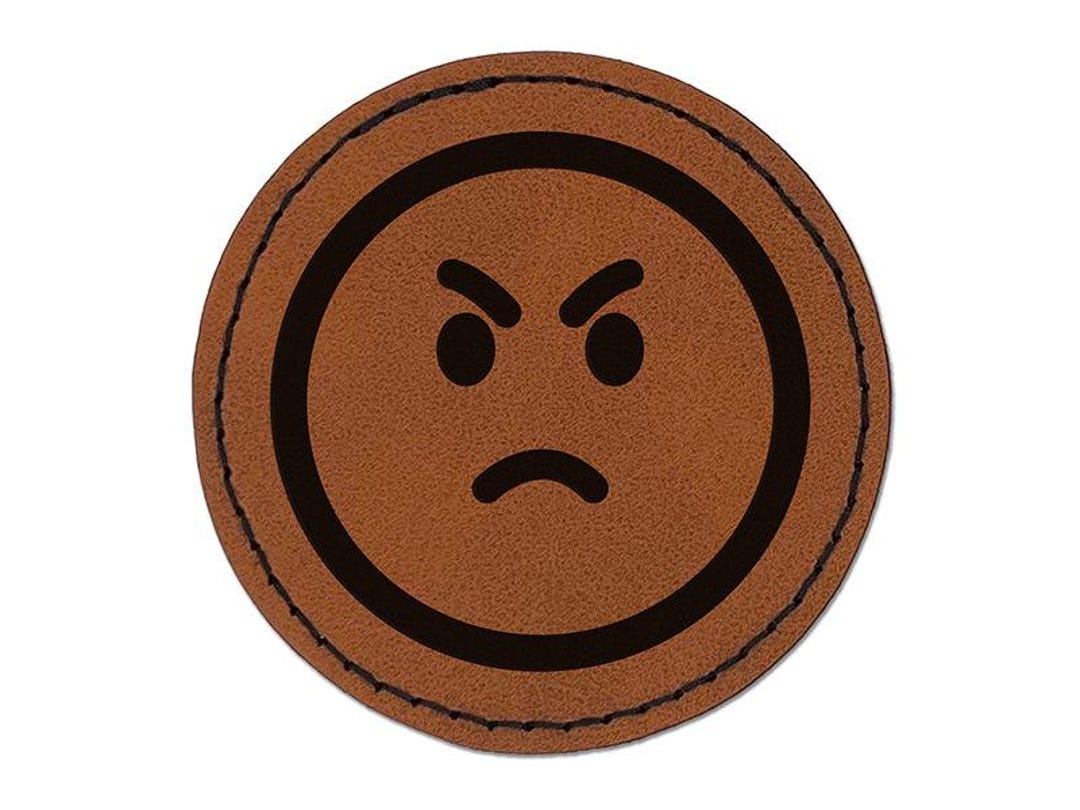 Angry Mad Face Emoticon Round Iron-on Engraved Faux Leather Patch ...