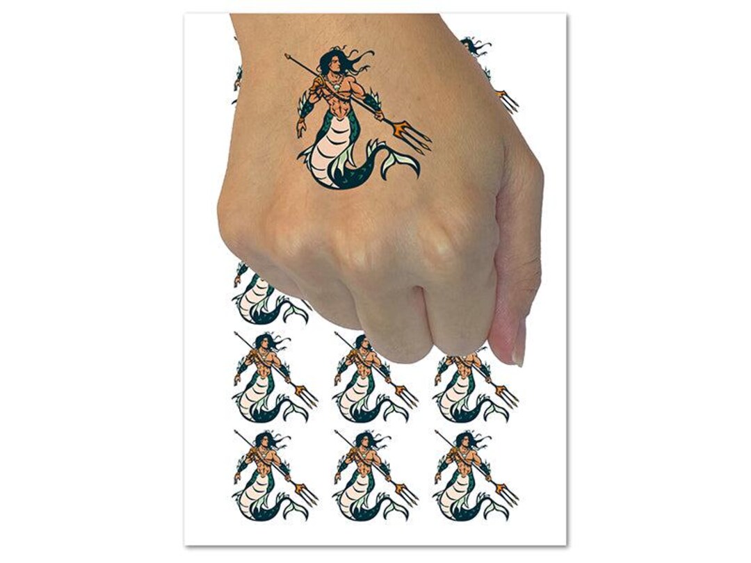 Merman Mermaid Man With Trident Temporary Tattoo Water Resistant Fake ...