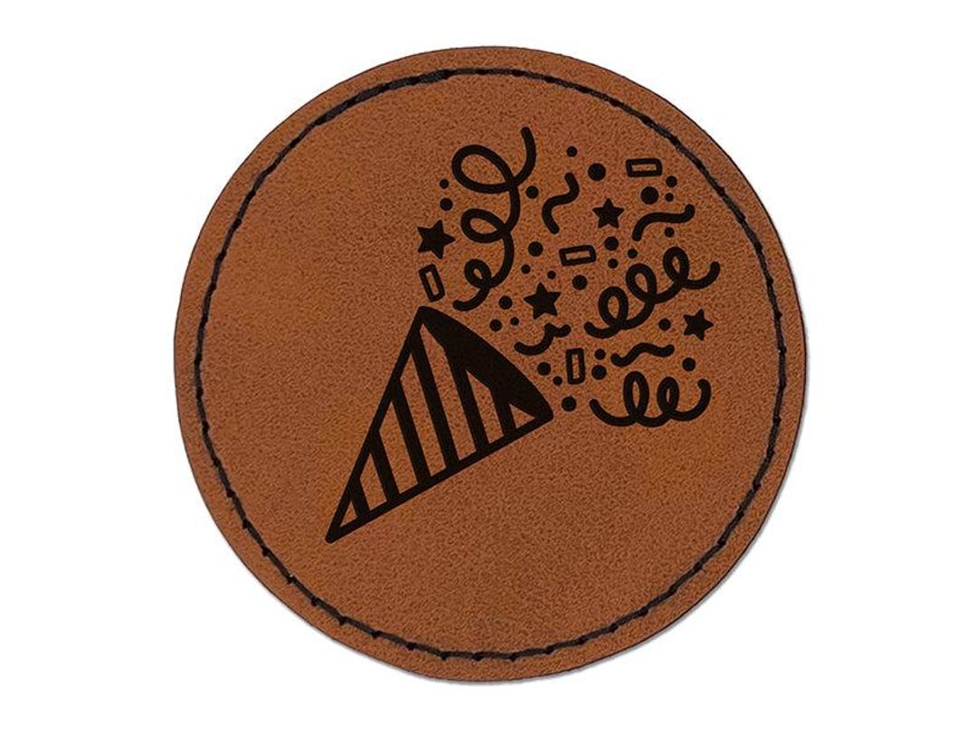 Party Popper With Confetti Round Iron-on Engraved Faux Leather Patch ...