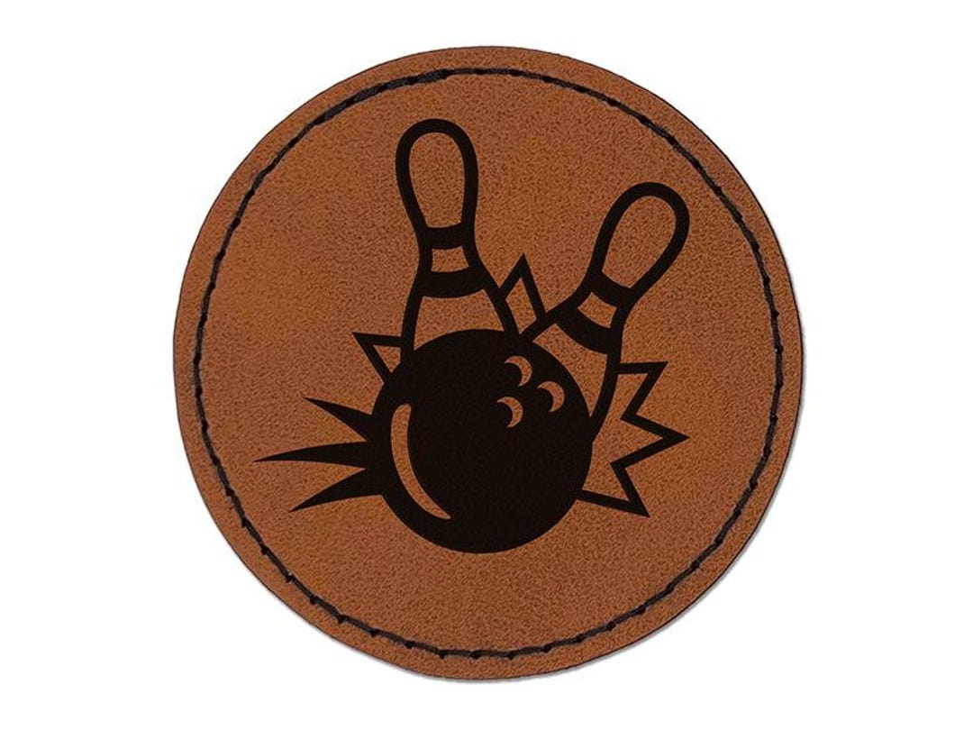 Bowling Ball Knocking Down Pins Round Iron-on Engraved Faux Leather ...