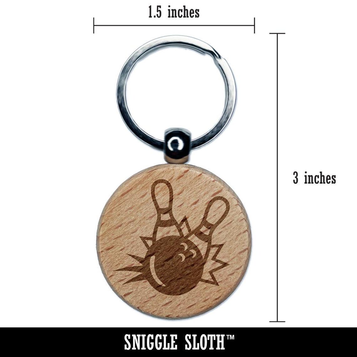 Bowling Ball Knocking Down Pins Engraved Wood Round Keychain Tag Charm ...