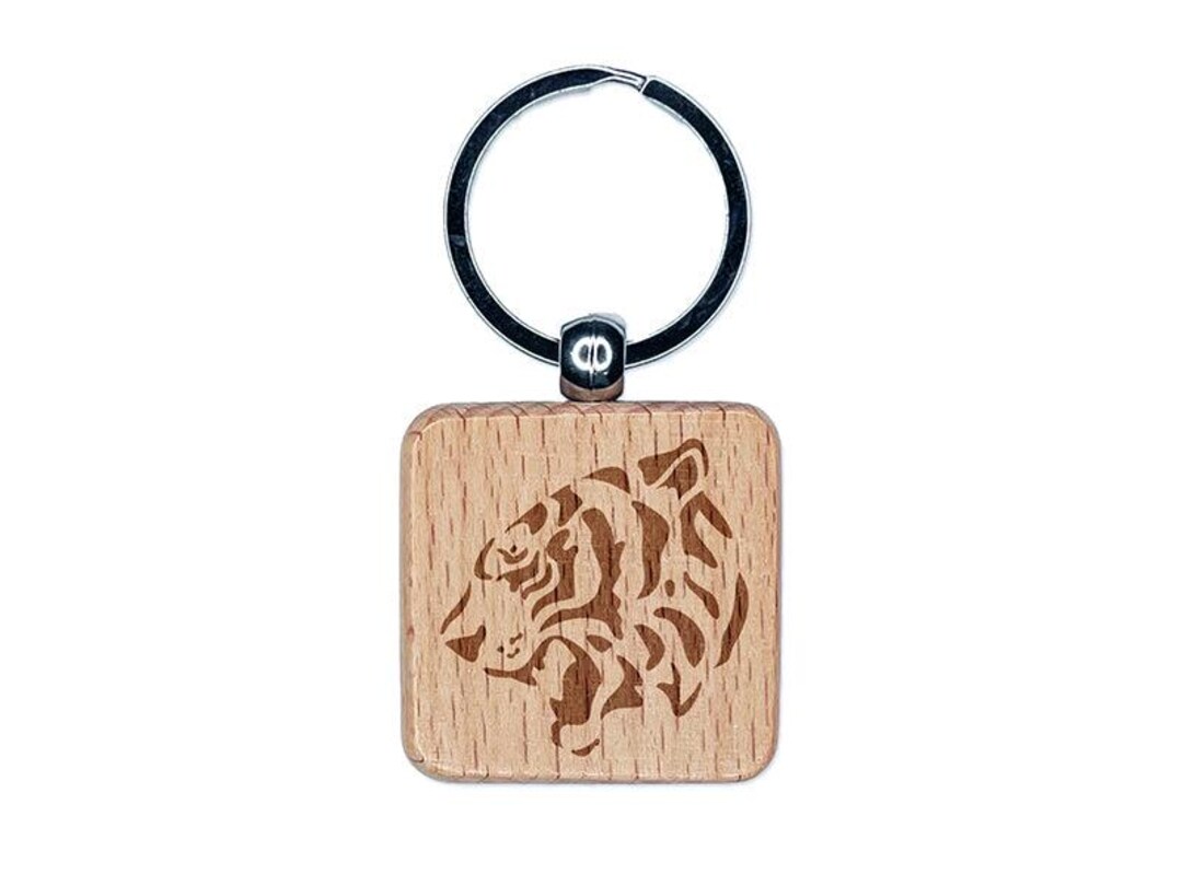Ferocious Bengal Tiger Head Side View Engraved Wood Square Keychain Tag ...