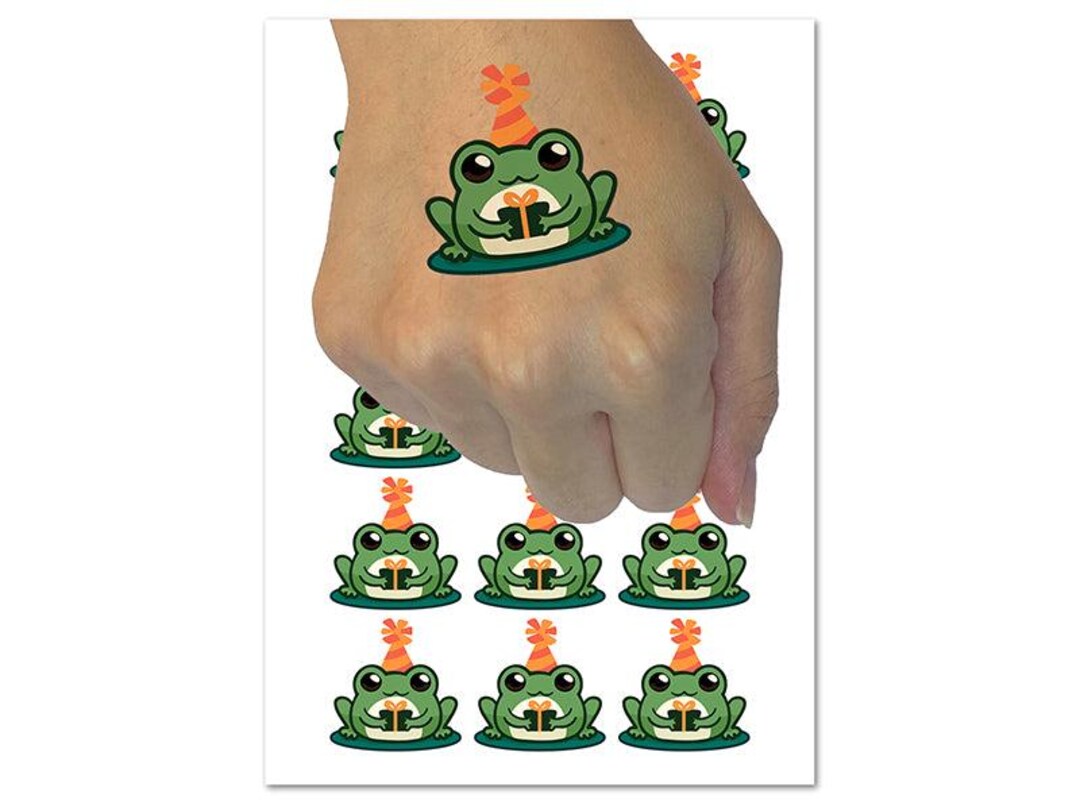 Kawaii Chibi Birthday Frog Toad Holding Gift Temporary Tattoo Water ...
