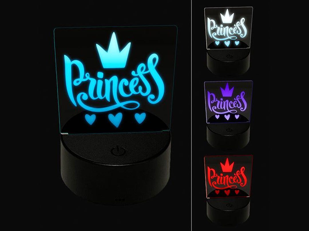Princess Cursive With Crown and Hearts 3D Illusion LED Night Light Sign ...