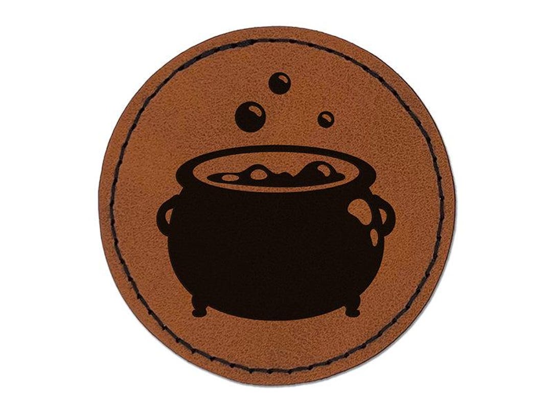Witch's Bubbling Cauldron Pot Halloween Round Iron-on Engraved Faux Leather Patch Applique 2.5 ...