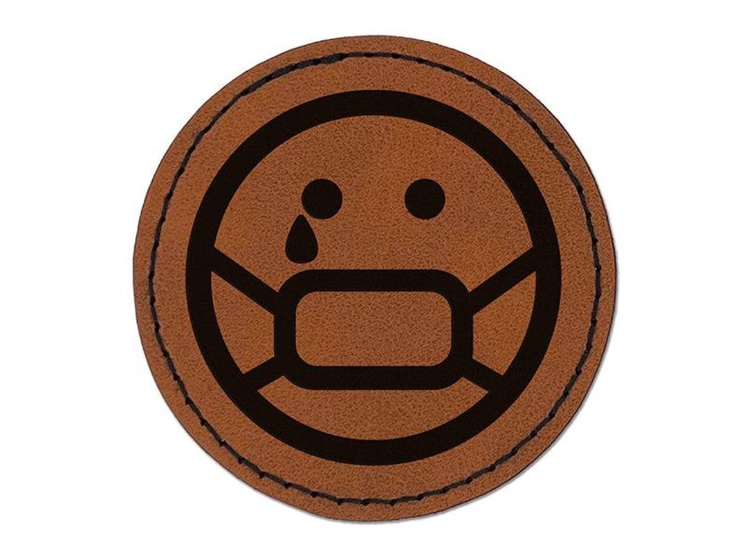 Sick Sad Face Mask Face Emoticon Round Iron-on Engraved Faux Leather ...