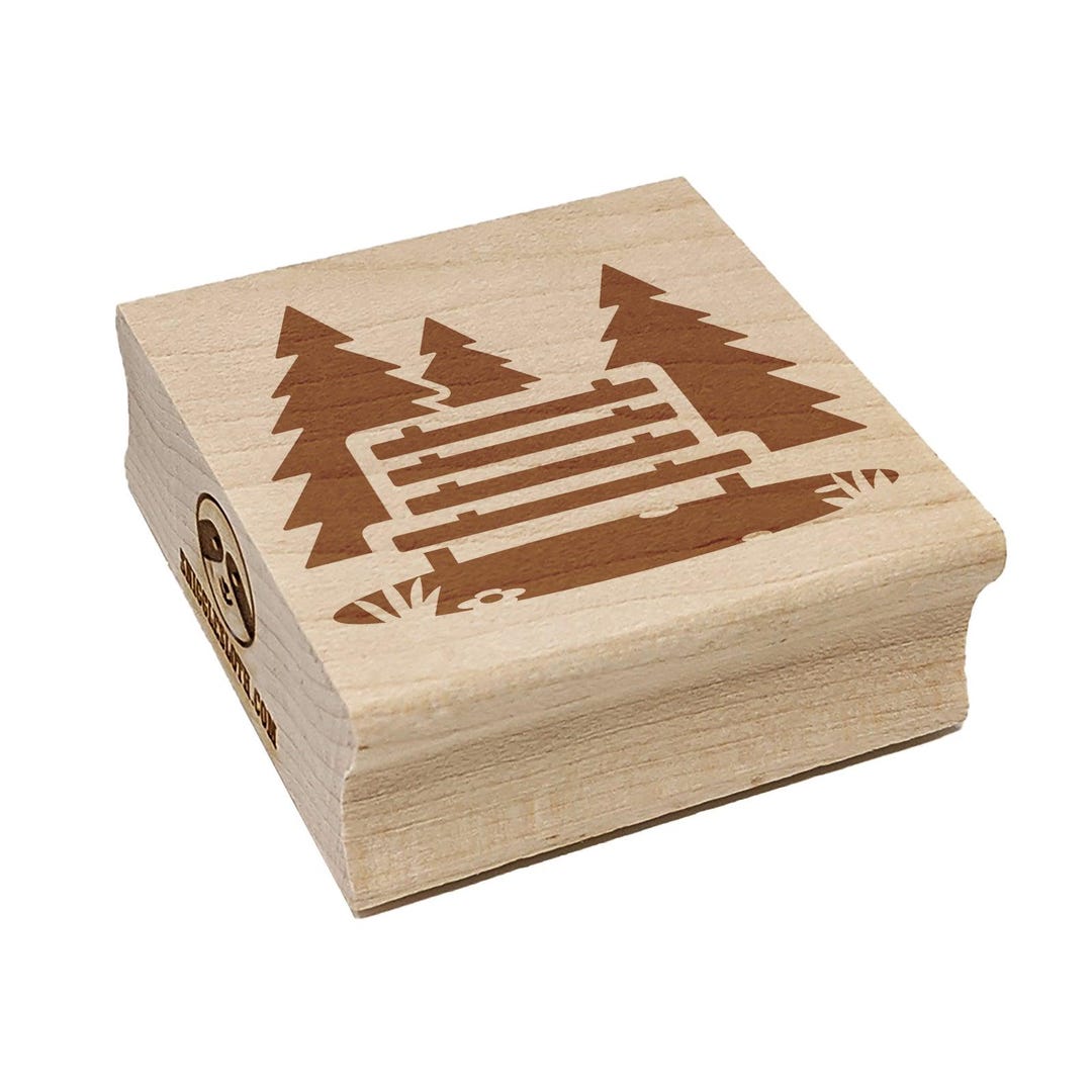 National Park Bench With Pine Trees and Grass Square Rubber Stamp for ...