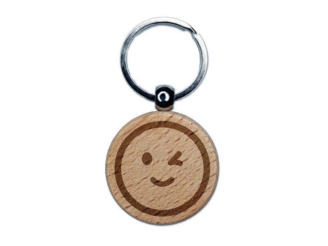 Winking Smiling Face Emoticon Engraved Wood Round Keychain Tag Charm - Etsy