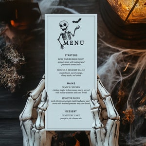 Skeleton Halloween Menu Template, Halloween Dinner Party Menu, Editable ...