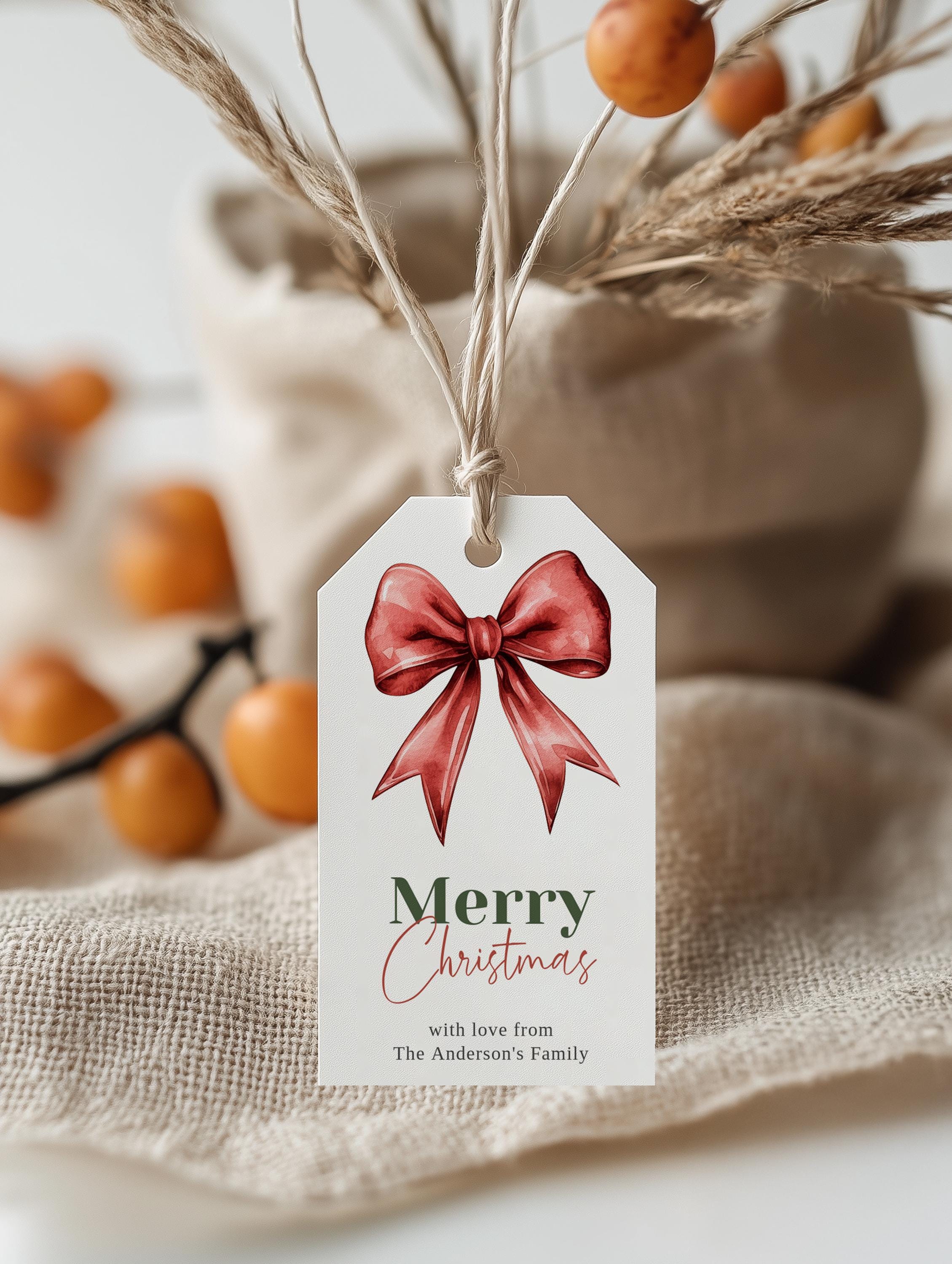 Merry Christmas Gift Tag Printable, Red Bow Christmas Gift Tag Template ...