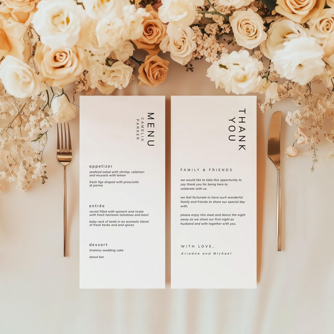 Minimal Elegant Wedding Menu Template, Modern Thank You Card Template ...