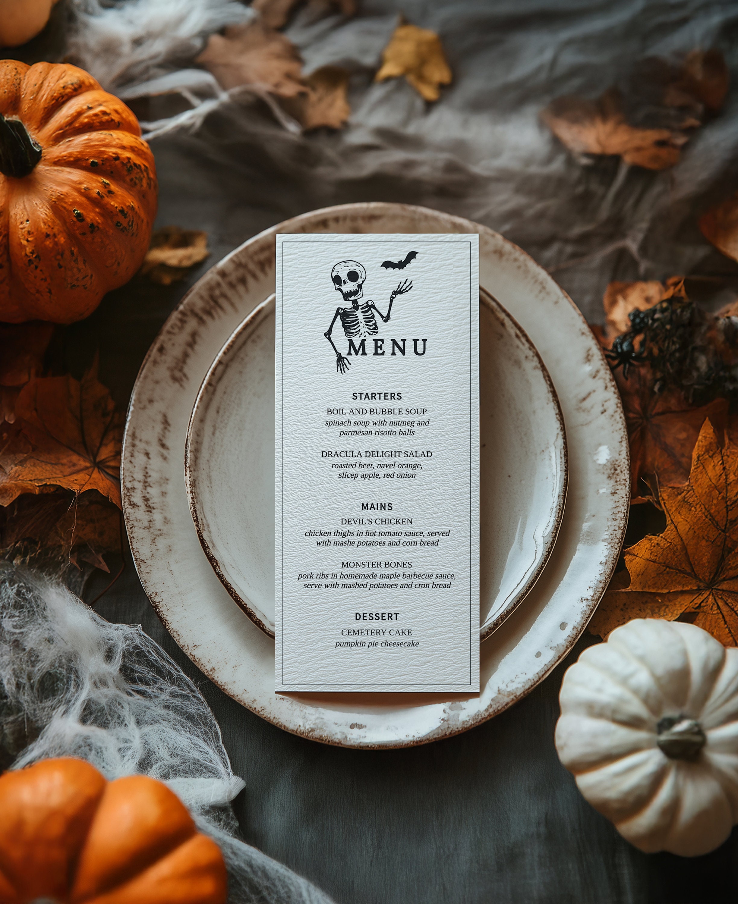 Skeleton Halloween Menu Template, Halloween Dinner Party Menu, Editable ...